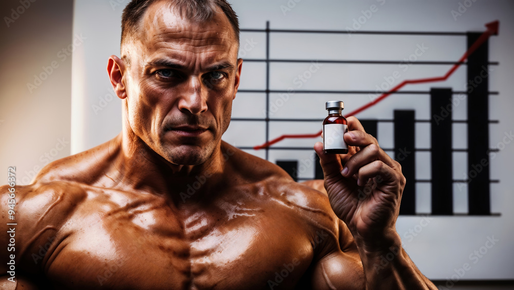 Muscular bodybuilder holding medical steroid vial with growing chart ...