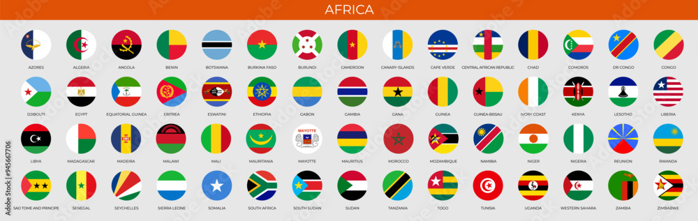 Póster Set of round flags of African countries in alphabetical order ...