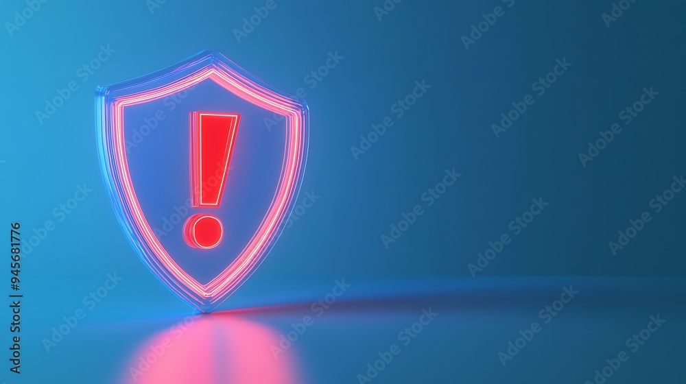 Glowing red exclamation mark on shield, signaling alert, warning ...