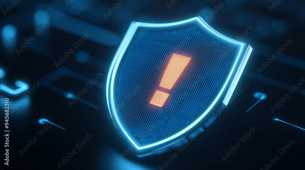 Glowing shield icon with an exclamation mark indicating a security ...