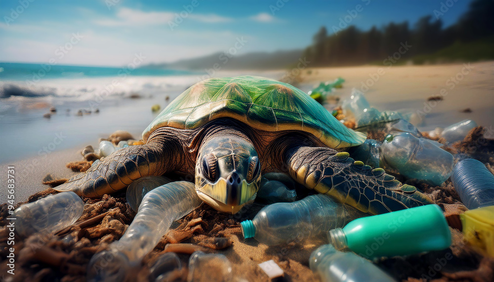 Dead sea turtle, surrounded by many plastic bottles on the shore of a ...