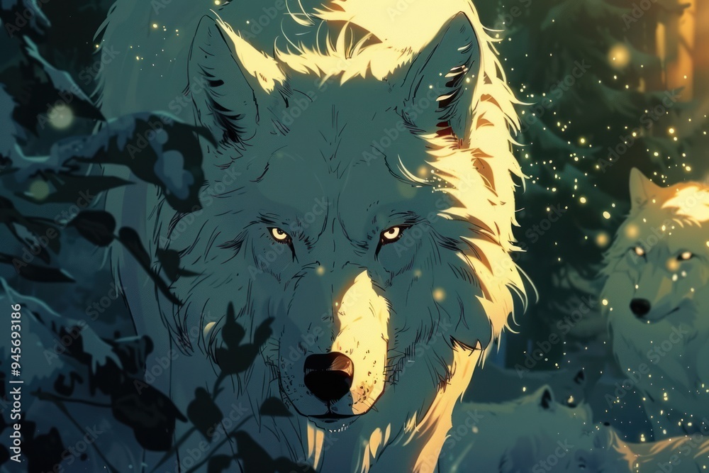 Wolf muzzle. The wolf has white fur and a fluffy mane, and its eyes are ...