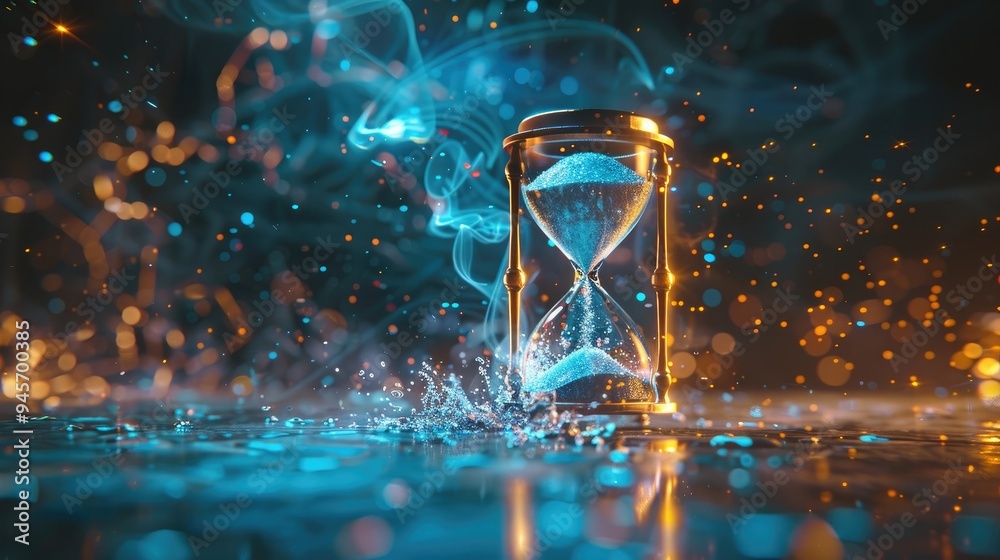 clock is running showing in a hourglass with scifi sand, epic art ...