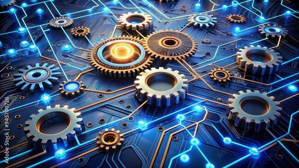 A complex network of interconnected gears, wires, and circuits forms a ...