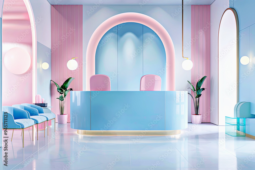 Elegantly designed health clinic reception area featuring pastel pink and blue colors with ...