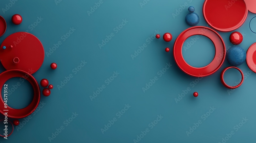 Abstract arrangement of red and blue circular shapes on a blue ...