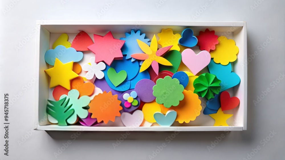 A neatly arranged set of colorful paper cutouts in various shapes and ...