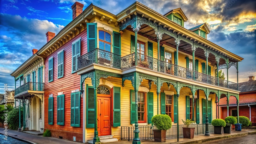 Vibrant historic Creole-style shotgun houses with ornate ironwork ...
