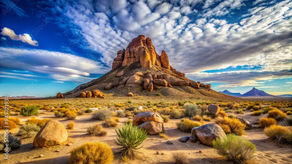 A rugged, weathered mound of ancient rock formations stands sentinel ...