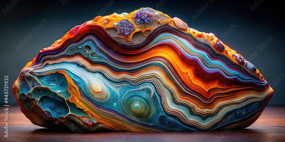 Vibrant layers of swirling minerals and crystals in a polished ...