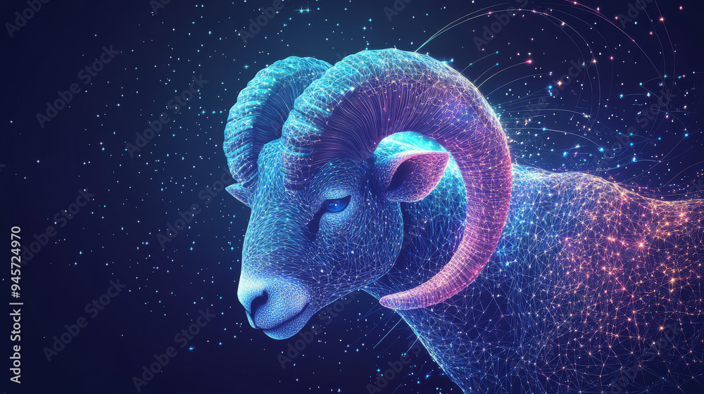 An abstract representation of a ram, crafted to resemble a starry sky ...