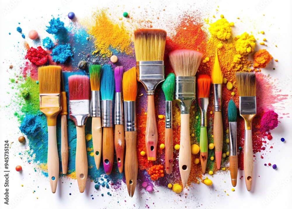 Vibrant paint-splattered brushes in various shapes and sizes are ...