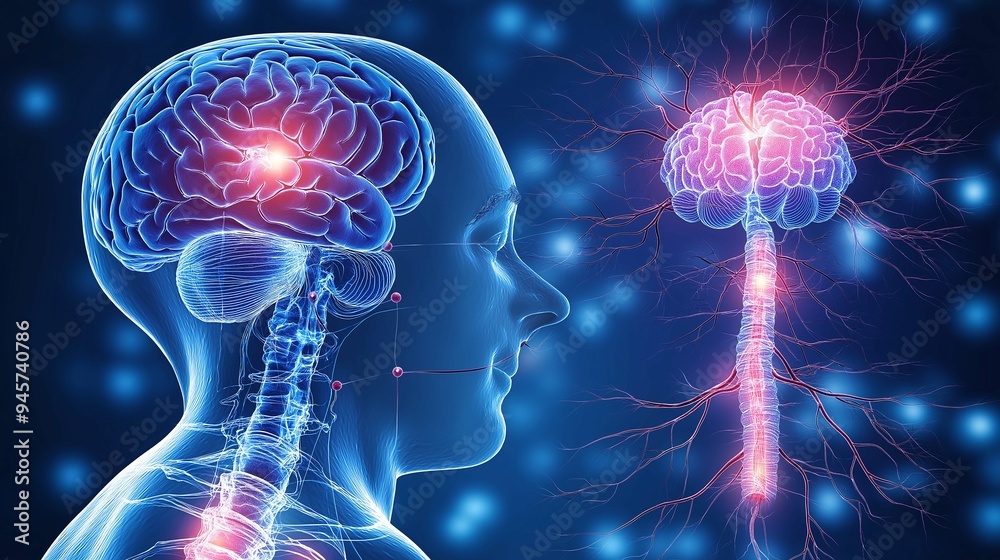 Ilustrace „Diagram showing the effects of multiple sclerosis on the nervous system, with ...