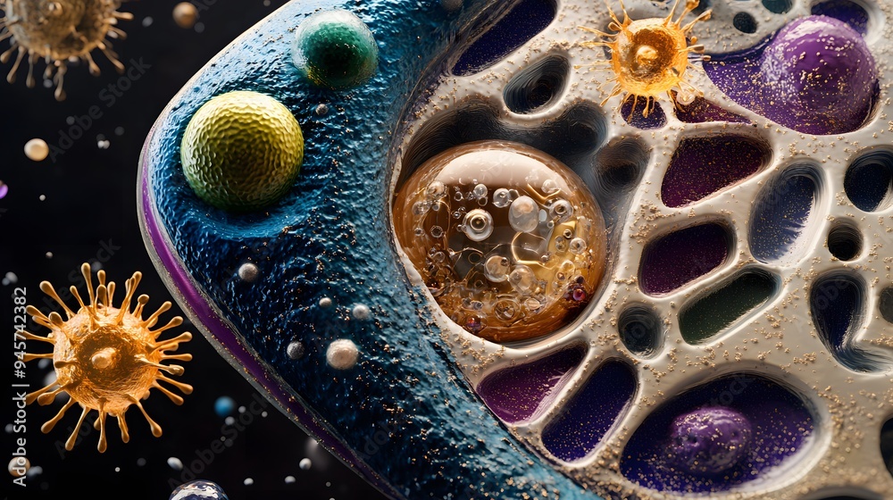 9. A detailed cross-section of a cell showing organelles and processes ...