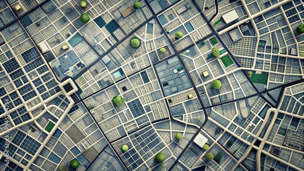 Aerial view of a city map with gray streets and buildings, overlaid ...