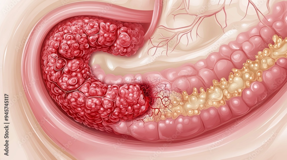 Vector graphic showing a peptic ulcer in the stomach, with a clear depiction of the damaged ...