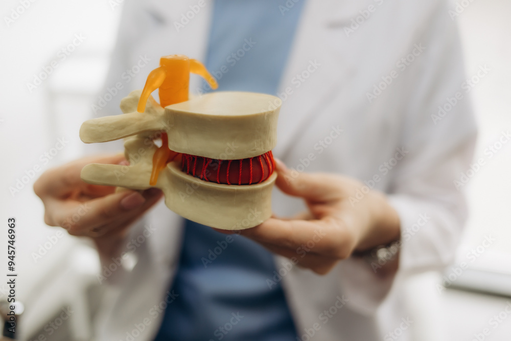 Doctor neurologist holds a mock spine with intervertebral hernia. Spine ...