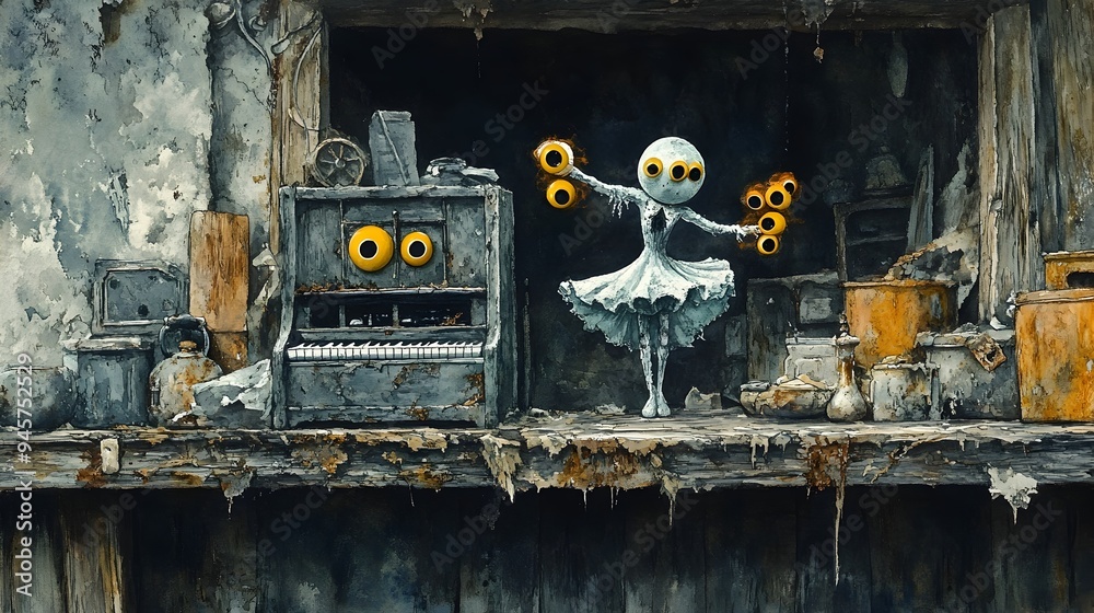 Haunted Music Box with Twirling Googly-Eyed Dancer on Rotting Wooden ...