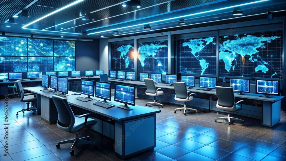 Brightly lit futuristic network operations center with rows of computer ...