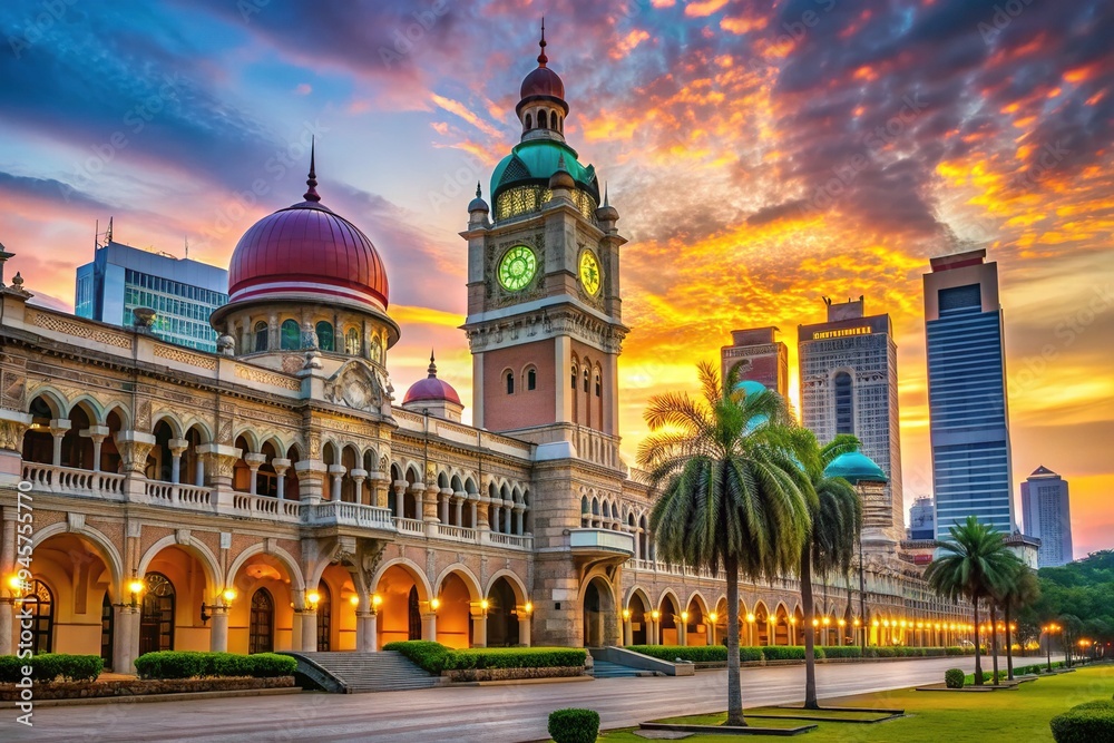 Vibrant sunset illuminates the Sultan Abdul Samad Building's Moorish ...
