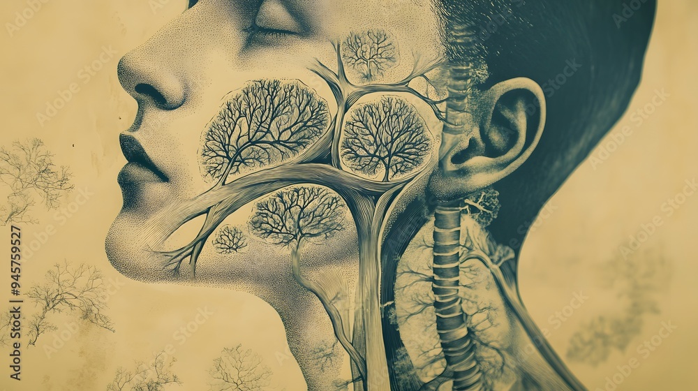 56. An intricate diagram of the human respiratory system with airways ...