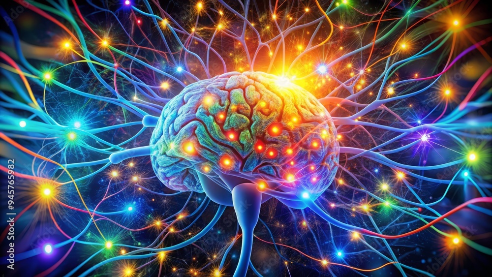 Colorful illustration of the human brain with glowing neurons and ...