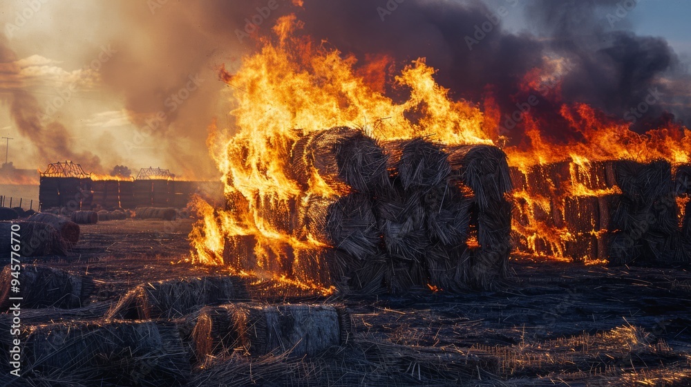 Fiery hay bales burn intensely in the open field, emitting thick smoke ...