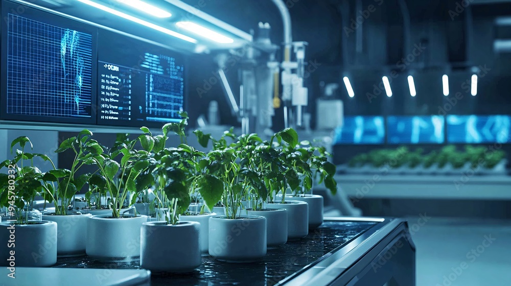 ภาพประกอบสต็อก futuristic render, GMO plants, genetically modified ...