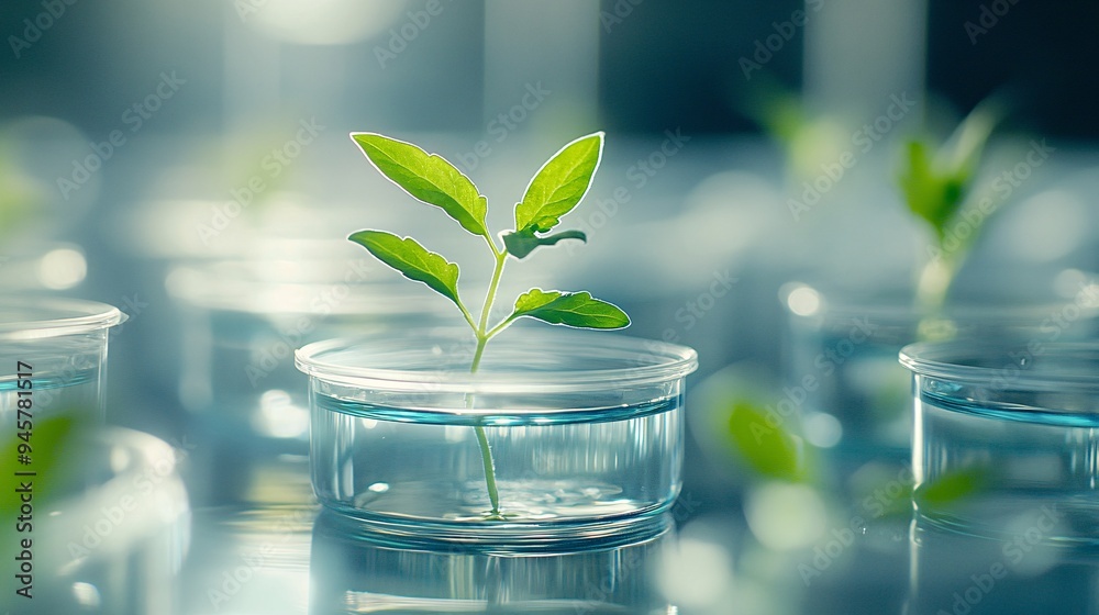 cinematic focus, tissue culture, close-up of a plant shoot emerging ...