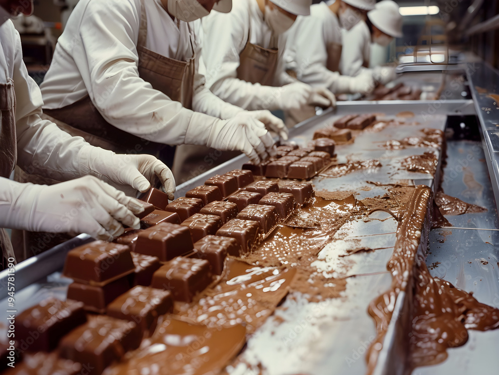 Hardworking employees in a chocolate factory meticulously moulding and ...