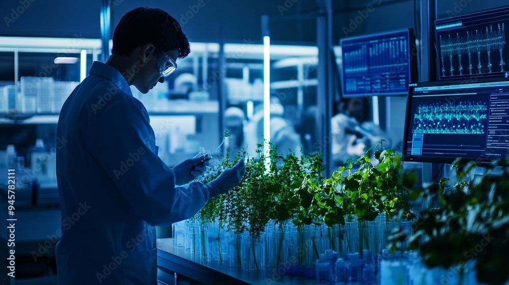 cinematic scene, GMO lab, a scientist observing genetically modified ...