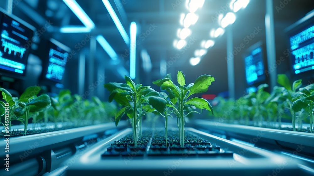 futuristic render, GMO plants, genetically modified sprouts growing ...