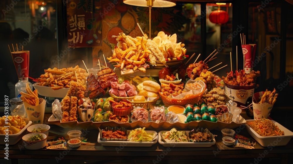 A captivating still life showcasing the vibrant and diverse street food ...