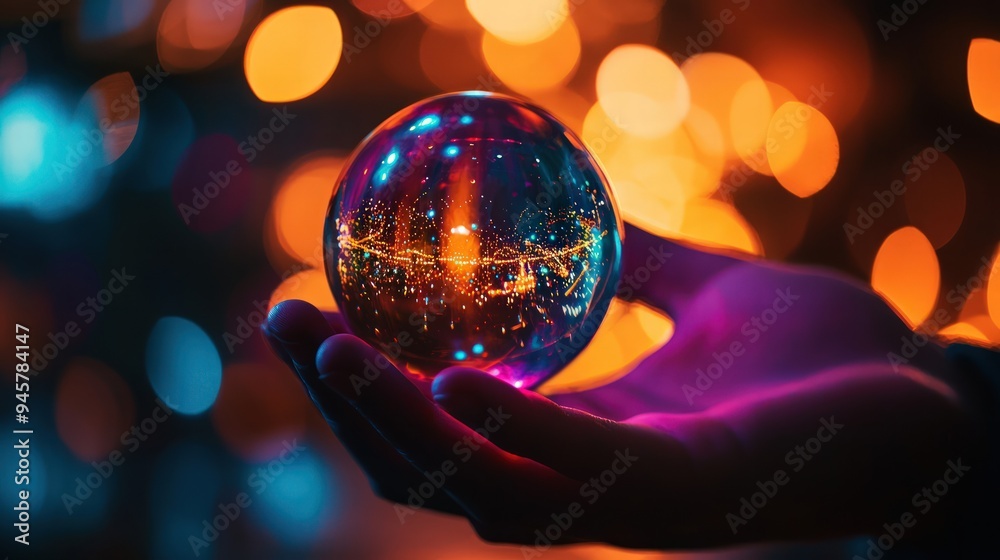 Fortune teller reading a mystical orb that changes colors, each hue ...