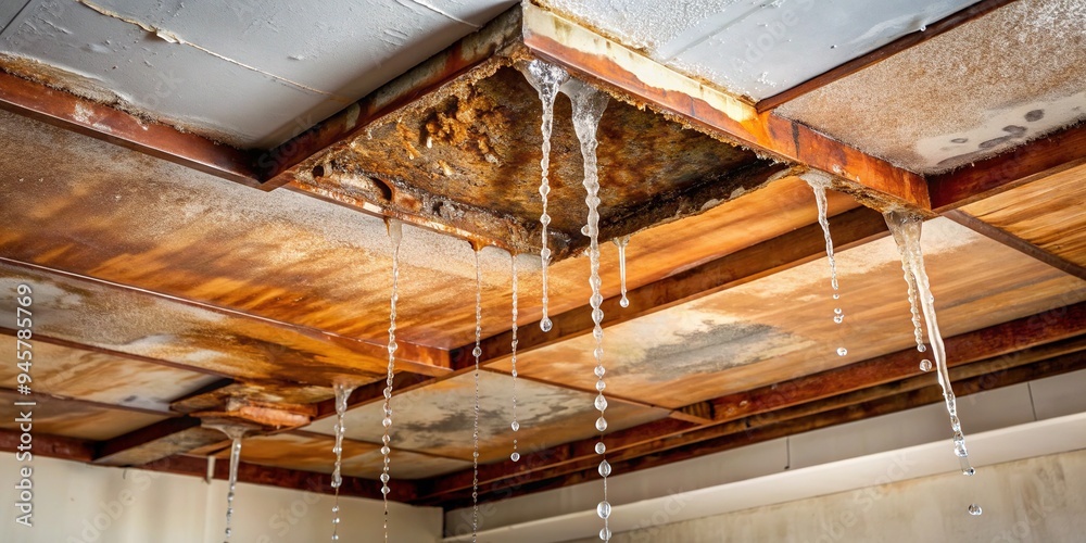 Water droplets trickle down a dimly lit, rust-stained ceiling ...