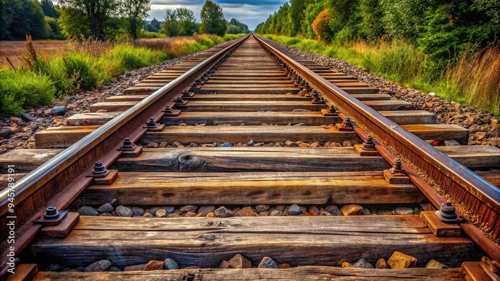 Weathered railroad tracks stretching into the distance, with a detailed ...