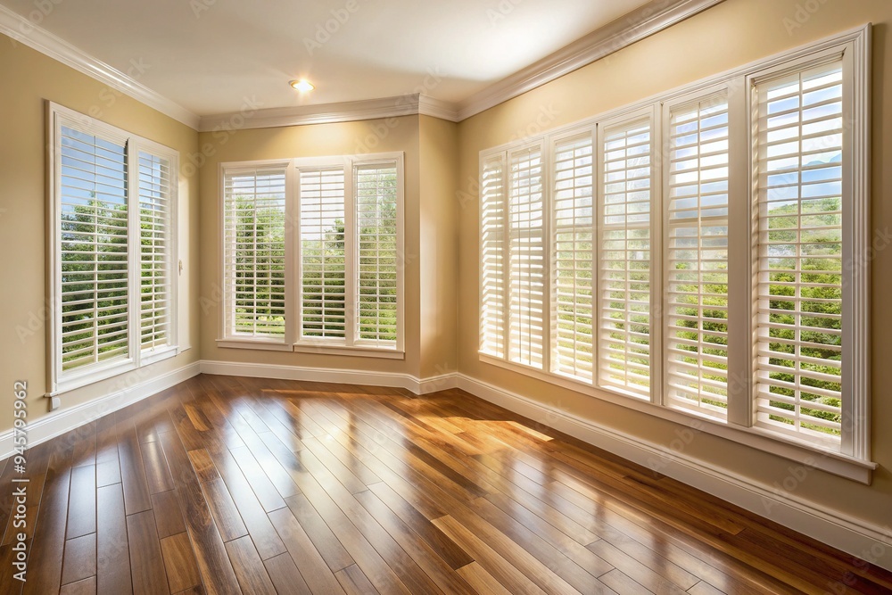White plantation shutters filter soft natural light, casting a warm ...