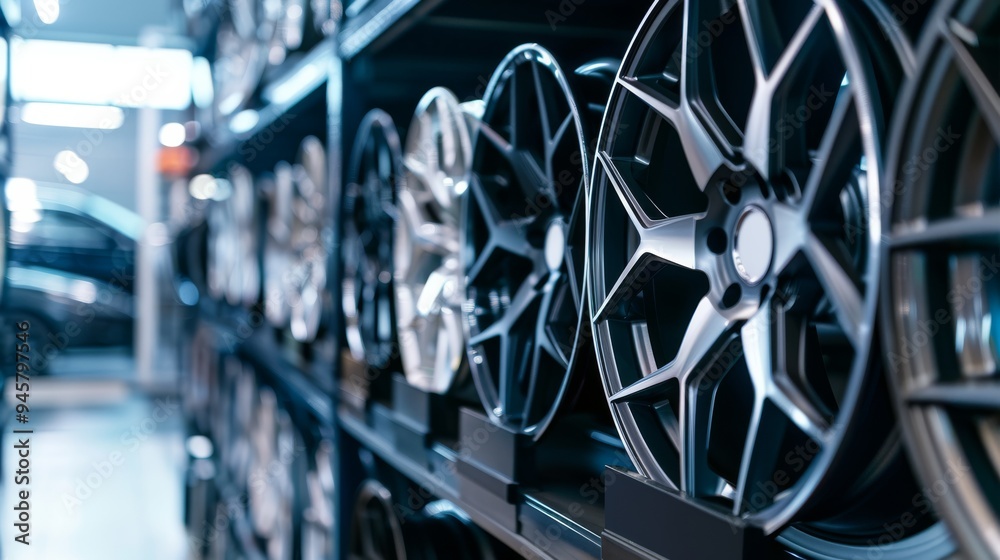 Shelves lined with a variety of sleek car rims displayed in a modern ...