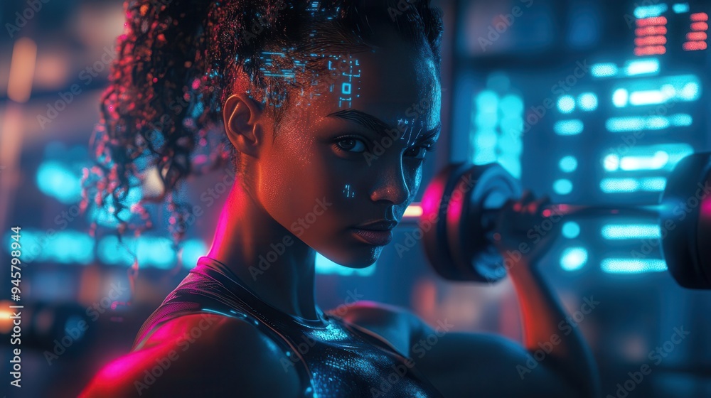 Athlete with dumbbells, in a high-tech gym with AR metrics, dynamic ...