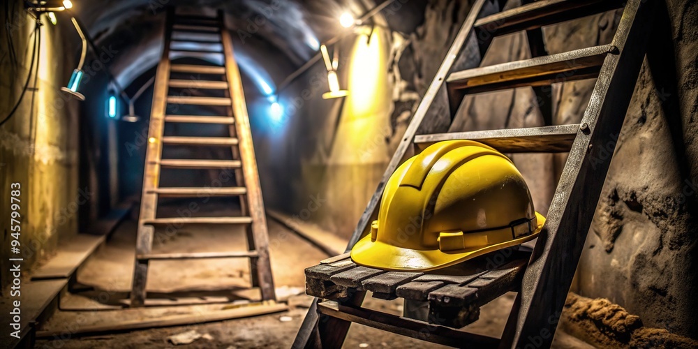 Yellow hard hat and safety vest on rusty metal ladder in dimly lit ...