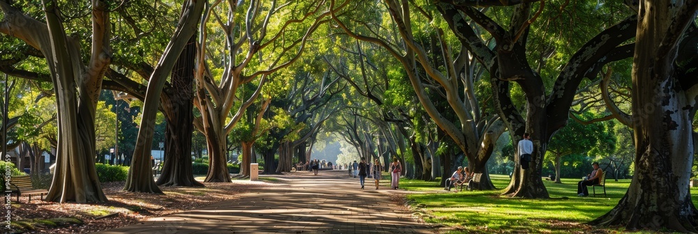 A picturesque pathway lined with towering trees creates a tranquil ...