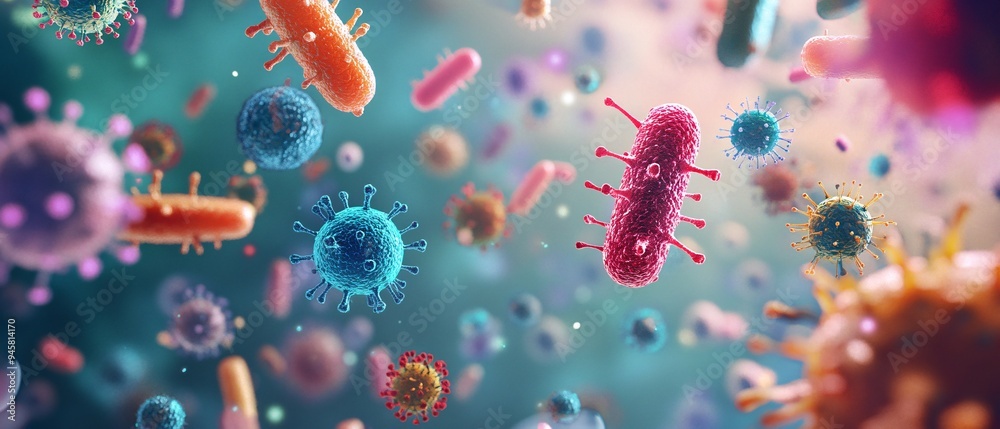 3D visualization, collection of pathogenic microbes, different bacteria ...