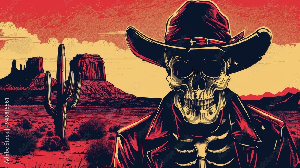 A skeletal cowboy with a wide-brimmed hat stands against a dramatic ...