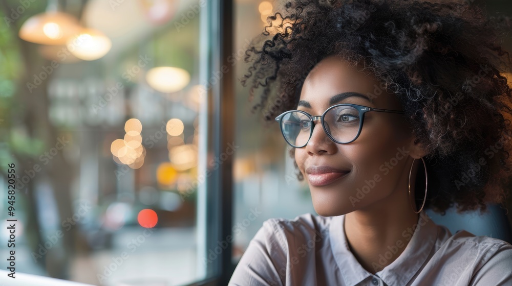 Cheerful professional by an office window contemplating ideas and ...