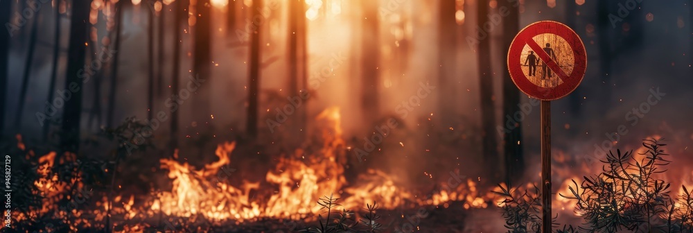 A warning sign prohibiting entry into a forest during a fire. The sign ...