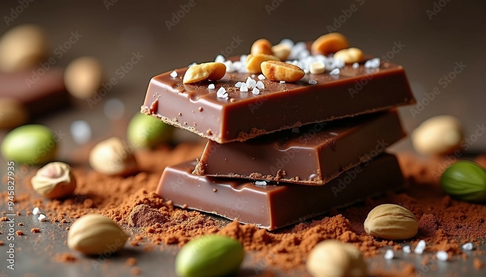 An inviting display of stacked chocolate bars with peanuts and sea salt ...