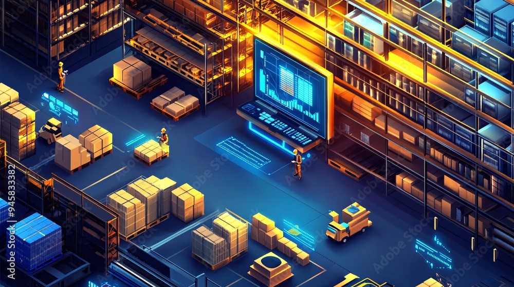 isometric illustration, inventory management, digital interface showing ...