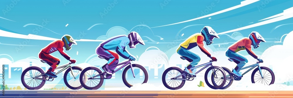 Four BMX riders compete in a thrilling race, showcasing their speed ...