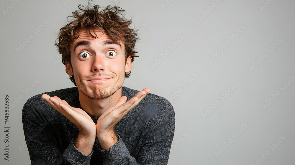 Confused Man with Wide Eyes Gestures with Hands in a Curious Pose ... Confused Man with Wide Eyes Gestures with Hands in a Curious Pose ...