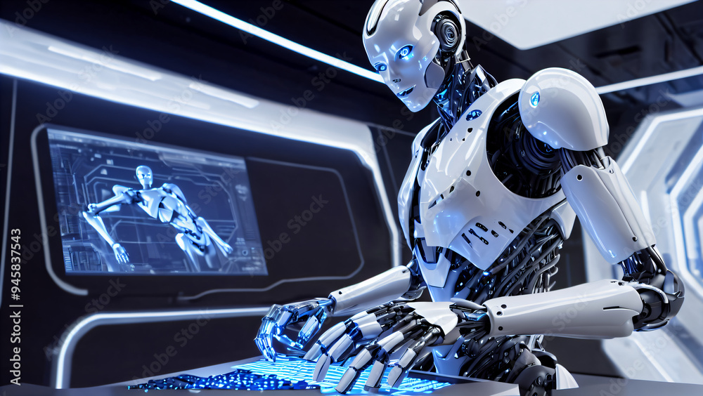 An elegant humanoid robot with a black and white body and articulated ...